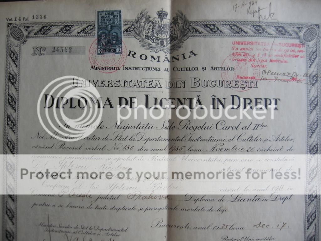 DIPLOMA DE LICENTA IN DREPT - UNIVERSITATEA DIN BUCURESTI = 1935 ...